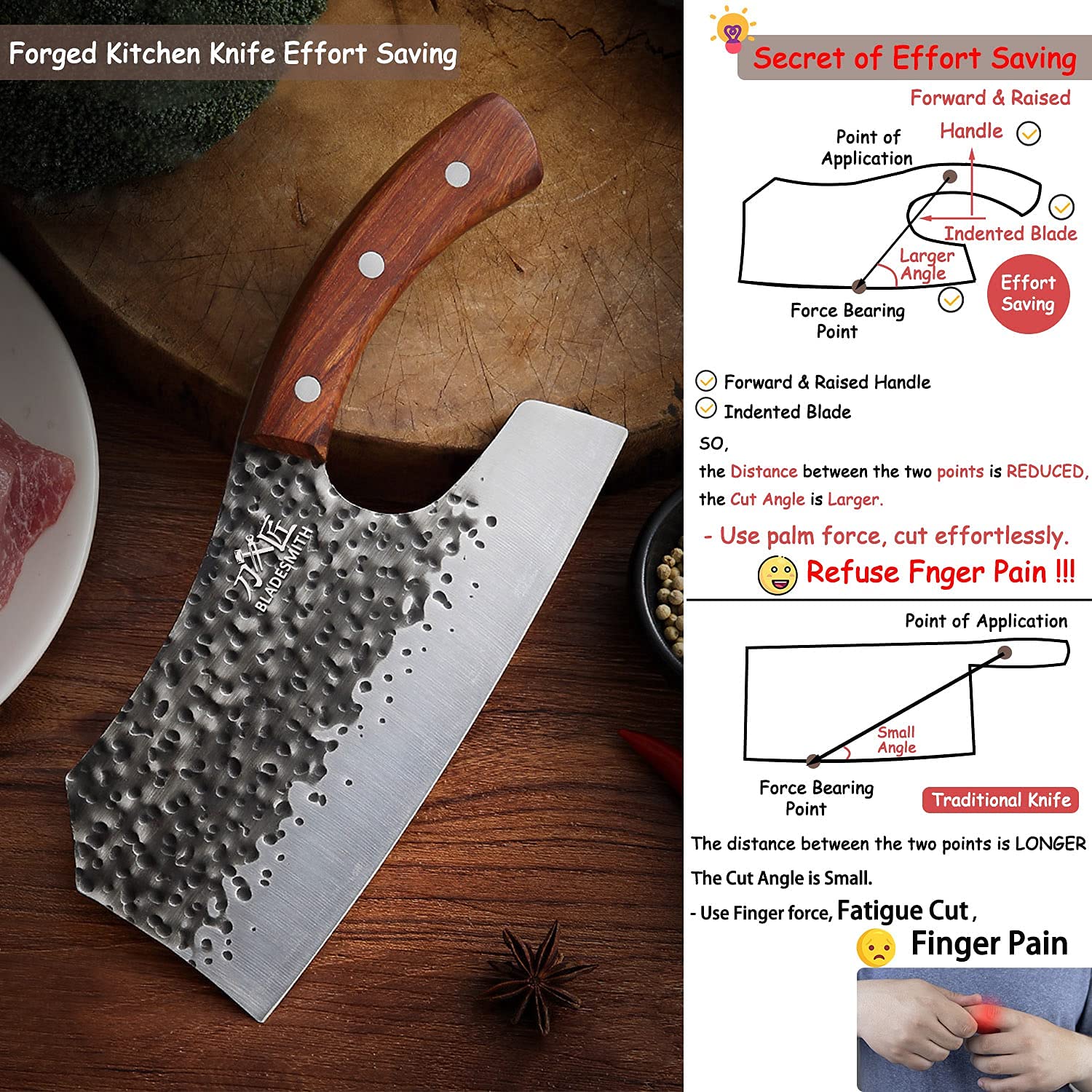 BLADESMITH Vegetable Cleaver Knife Effort Saving - Ultra Sharp Chinese Chef Knife Chopping Knife - Full Tang High Carbon Steel Meat Cleaver Forged Blade 7'' -SandalWood Handle - Light & Well Balance