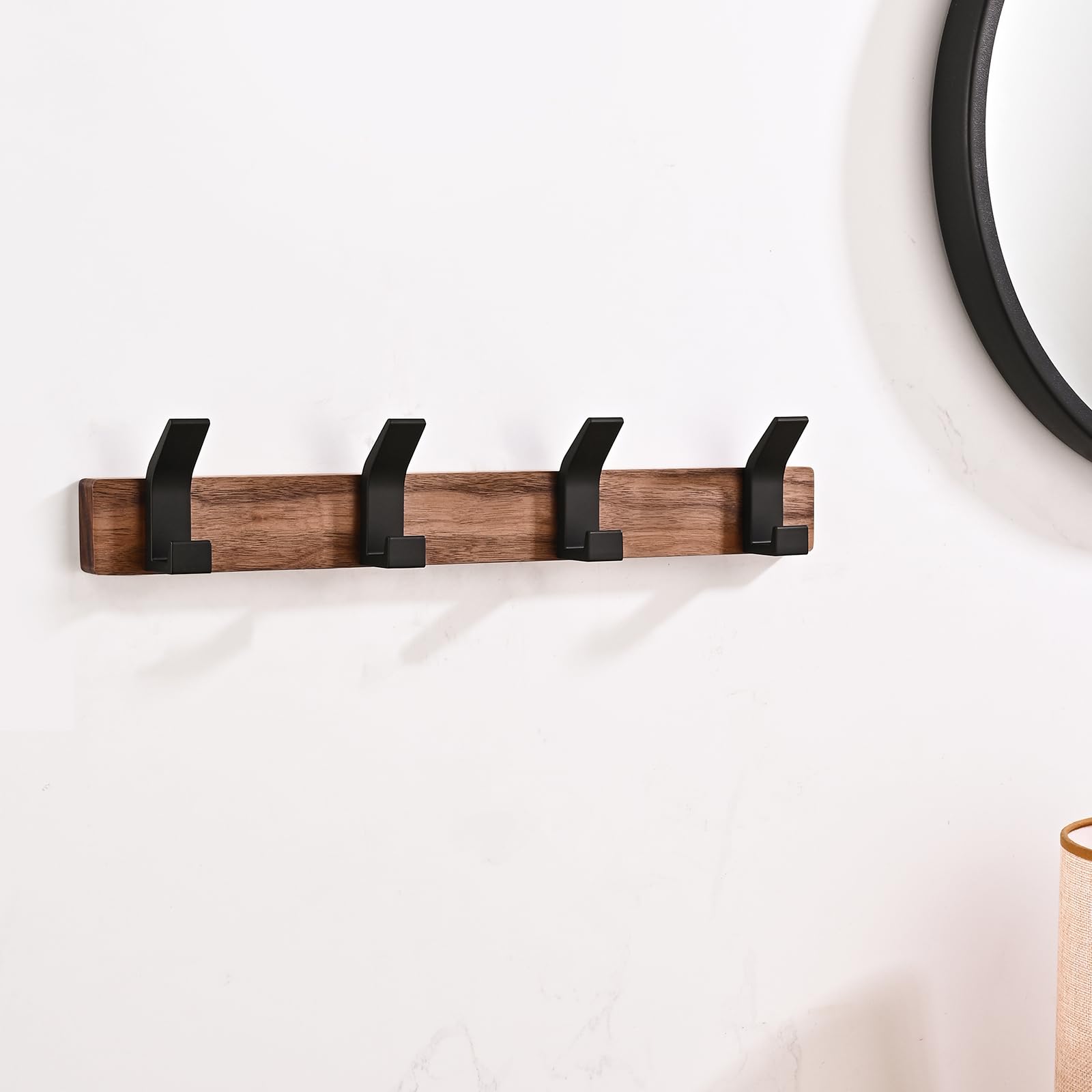 Jadorn Coat Rack Wall Mount - 15.7 Inches Walnut Wood Coat Hooks Coat Rack Wall Mount with 4 Hooks Black Aluminum Coat Hooks for Hanging Coat Hat Bag Hat Rustproof Coat Hanger