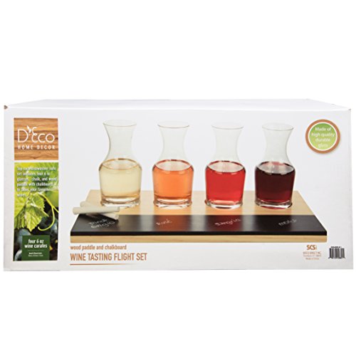 Wine Tasting Flight Sampler Set - Includes Four 6 oz Decanter Glasses and Wood Paddle with Chalkboard - Great for Spring Winery Tour Taste Testing, Perfect Housewarming, Wedding, and Mother's Day Gift