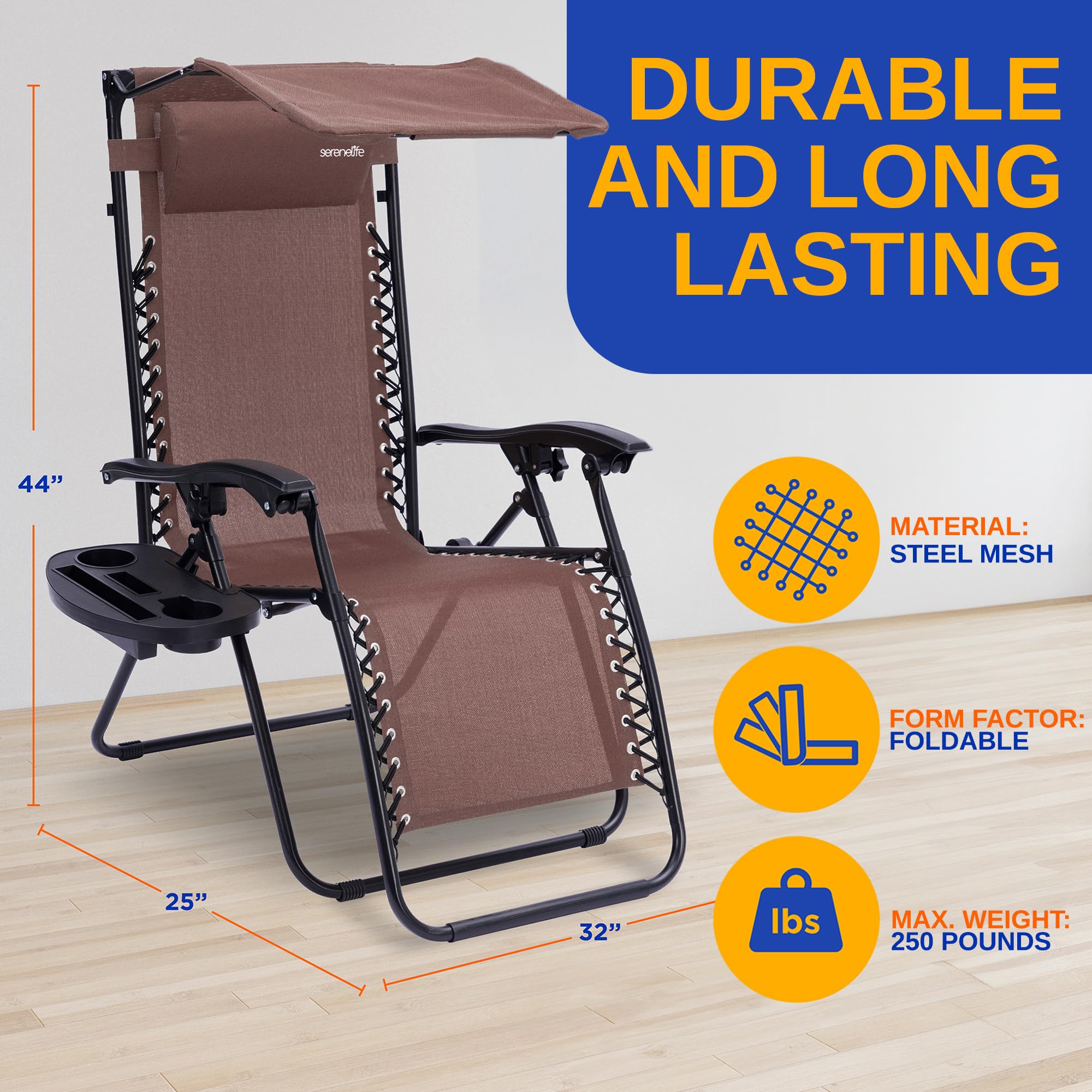 SereneLife SereneLifeHome Zero Gravity Lounge Chair, One Size, Brown