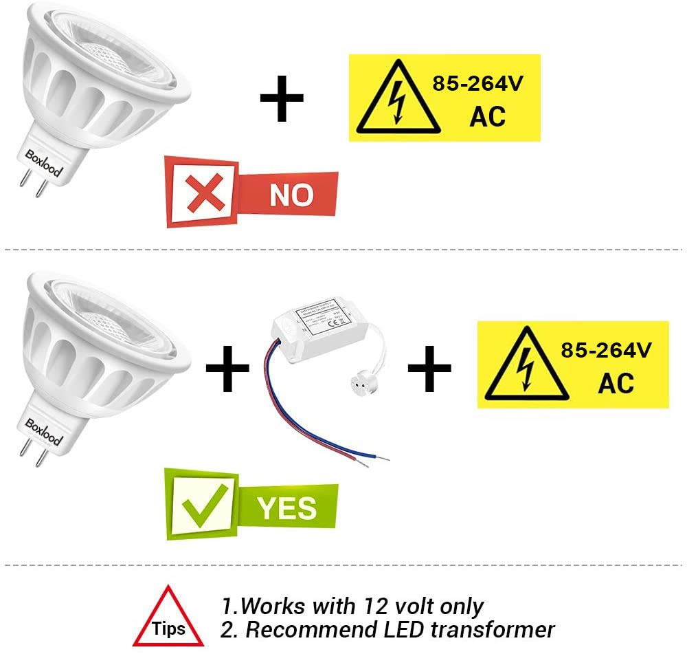 Boxlood MR16 LED Light Bulb Non Dimmable Comply with UL, 90% Energy Saving, 3000K Warm White, 40 Degree Beam Angle, AC/DC 12V, 5 Watts, 50W Halogen Bulb Equivalent, GU5.3 Bi-Pin Base, 6-Pack