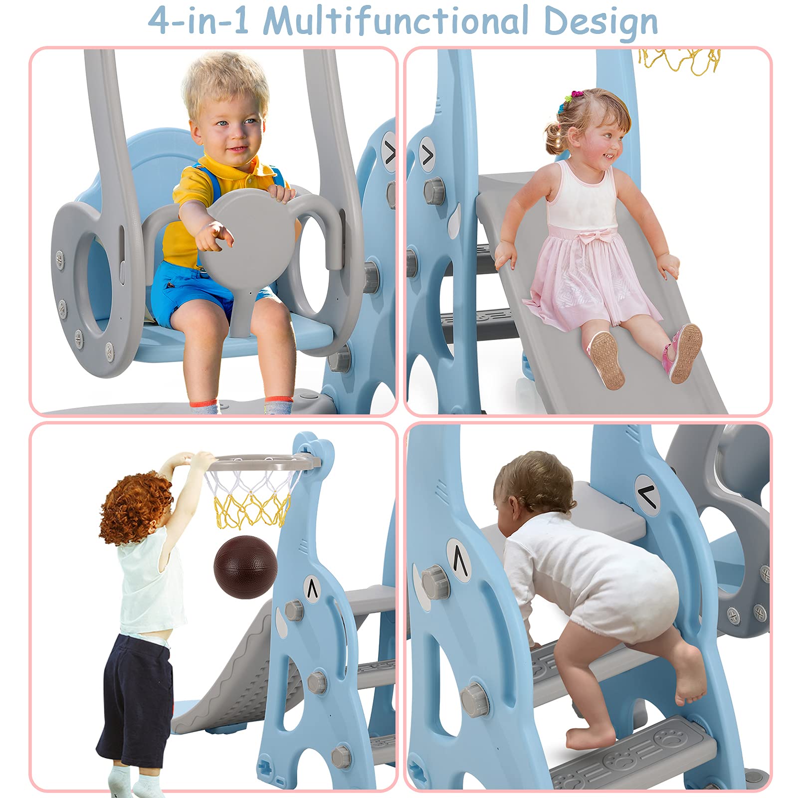 LANGYI Children's Four in One Slide Swing,with Basketball Frame and Ball Extra Long Slide,Children's That Can Be Installed at Will Indoor Outdoor Garden (Blue)