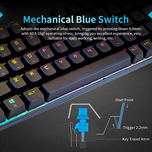 Wscoficey Gaming Office Keyboard RGB Backlight, Portable 68 Keys Ergonomic Design Metal Panel, Blue Switch Floating Key-caps for Windows PC Laptop Desktop