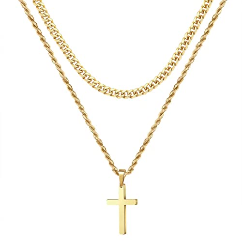 Gold Cross Necklace for Men, 18K Gold Stainless Steel Cross Chain Layered Rope Necklace 16-18 Inch Valentines Gifts for Boyfriend