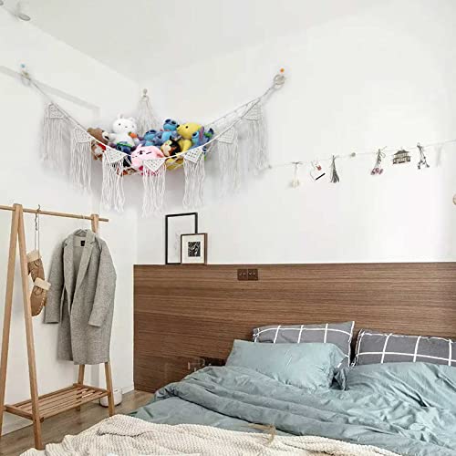 Stuffed Animal Net or Hammock with LED Light - Stuffed Animal Storage Toy Hammock for Wall - Hanging Corner Net with Boho Macrame Tassels, Plush Toy Net Hammock for Kids Bedroom Decor (41*41*57)
