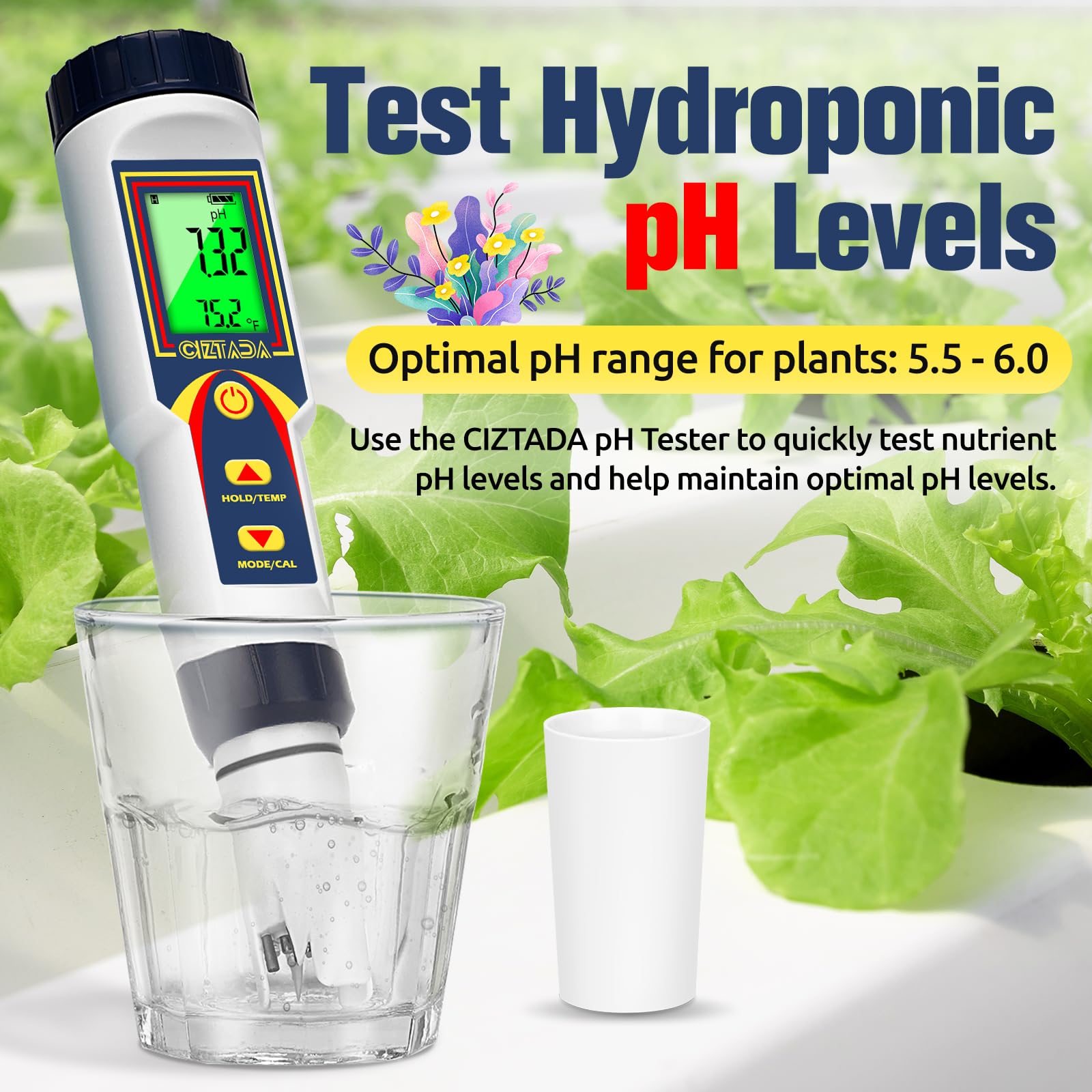 CIZTADA pH Meter for Water 4 in 1 pH EC TDS Temp Meter for Hydroponics PPM and EC Water Tester Digital pH PPM Meter for Nutrients Growing Hydroponics Gardening DWC hydroponics System