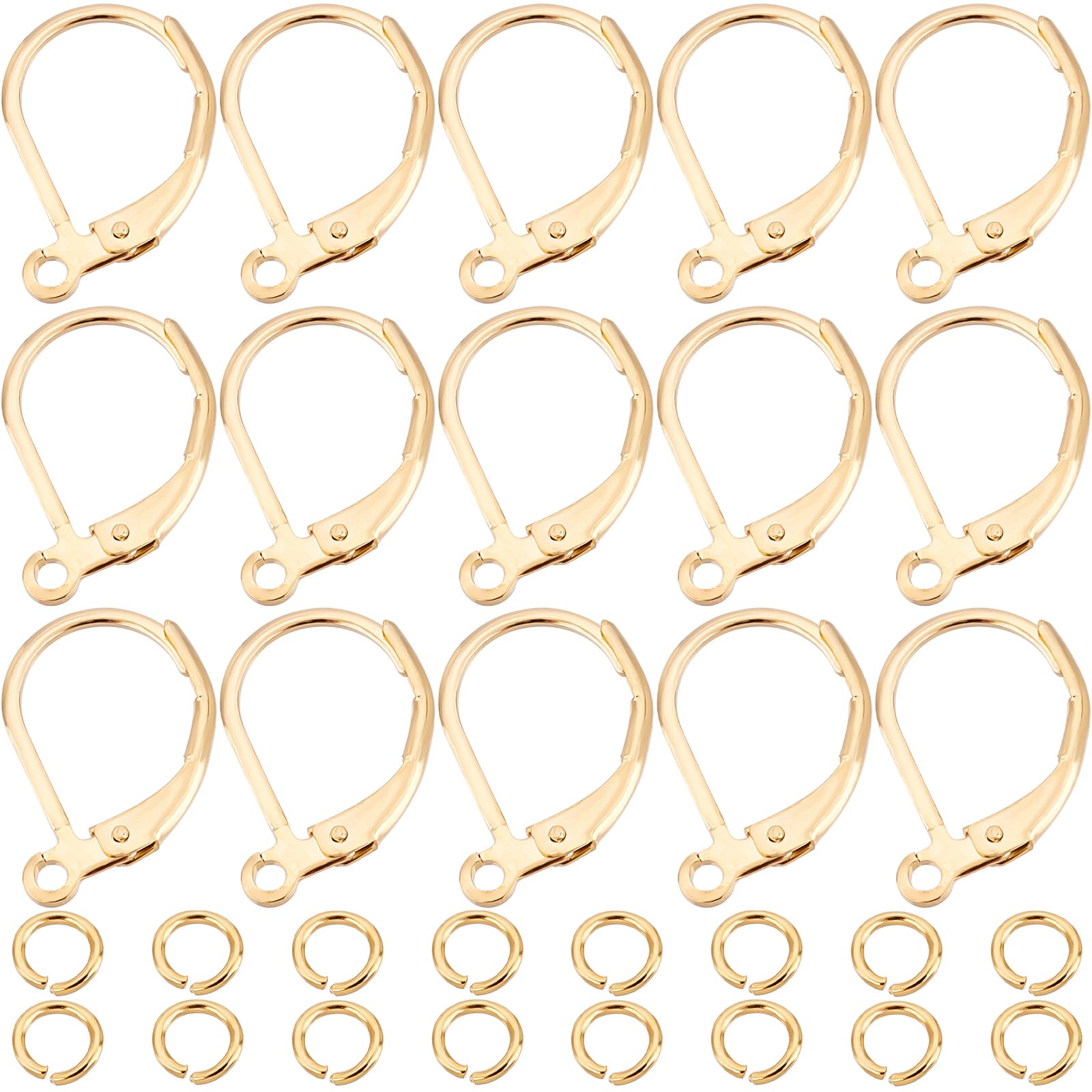 Beebeecraft 1 Box 20Pcs Leverback Earring Findings 18K Gold Plated French Earring Hooks 15.6x10mm Ear Wire Clip Earring Connector with 20Pcs Open Jump Rings for Jewelry Making