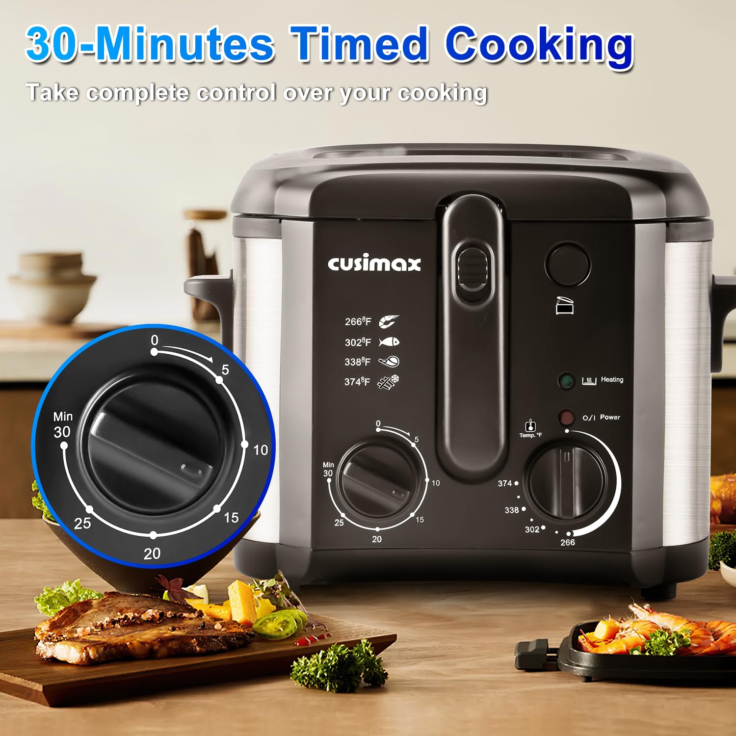 CUSIMAX Electric Deep Fryer for Home Use, 1500W, 2.5 Liter Small Deep Fryer with Basket, Adjustable Temperature & Time, Lid with View Window and Odor Free Filter
