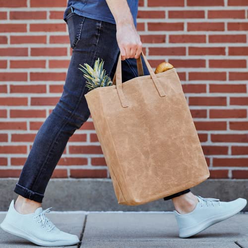 World's Strongest Grocery Bag, Handmade with Certified Organic Cotton and Hand Waxed with Beeswax, Foldable, Stiff Waxed Canvas Stands Up for Easy Filling, Plastic-Free, Reusable, GOTS, Large, Brown