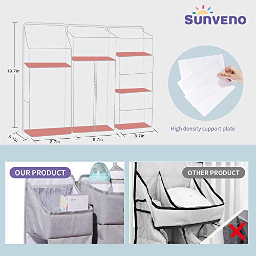 SUNVENO 3-in-1 Detachable Changing Table Diaper Organizer, Crib Hanging Diaper Organizer for Baby Essentials Storage, Grey