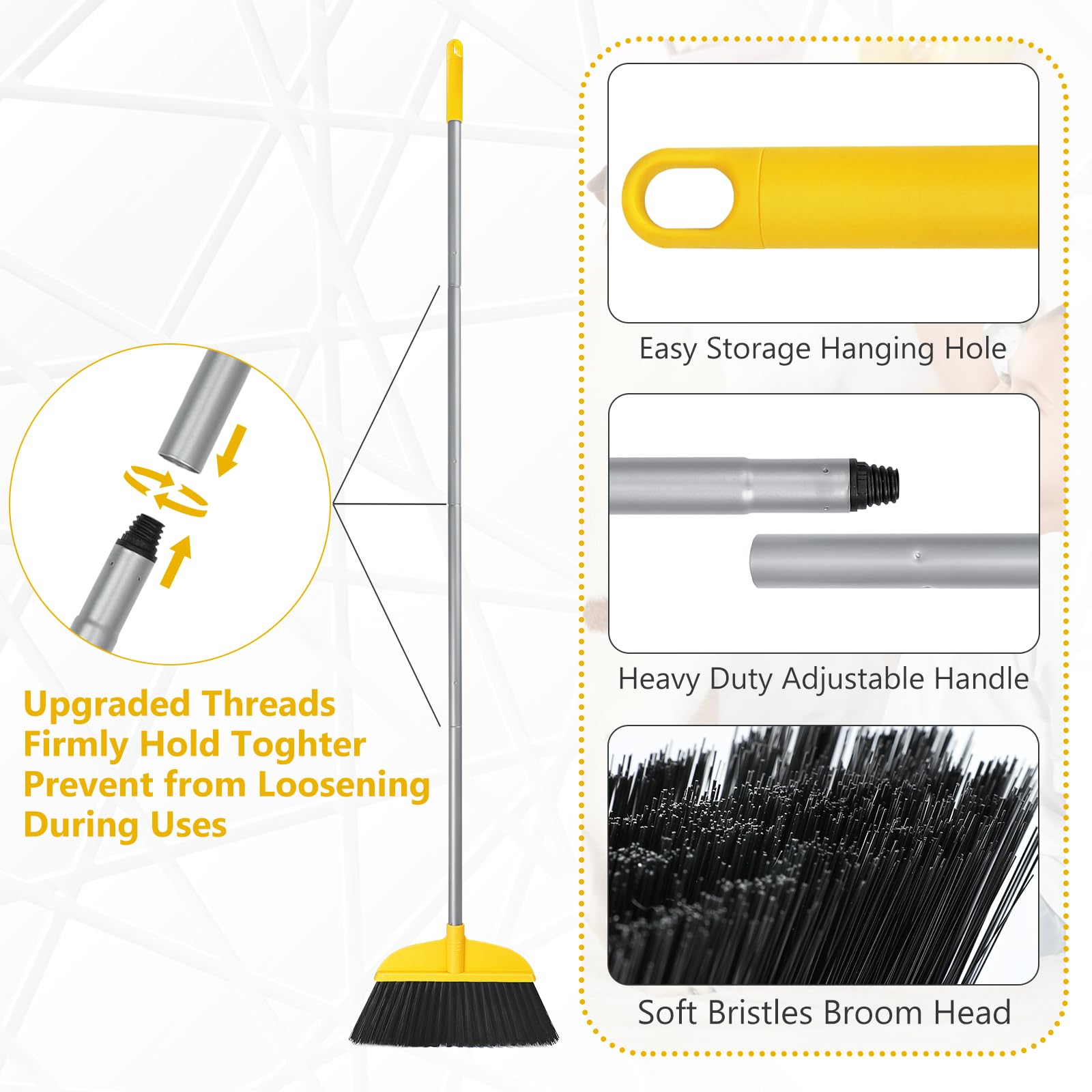 Broom for Hardwood Floors Indoor Sweeping Brooms with Soft Bristles and 55β Long Handle for Tile Laminate Deck Hard Floor Cleaning-Yellow