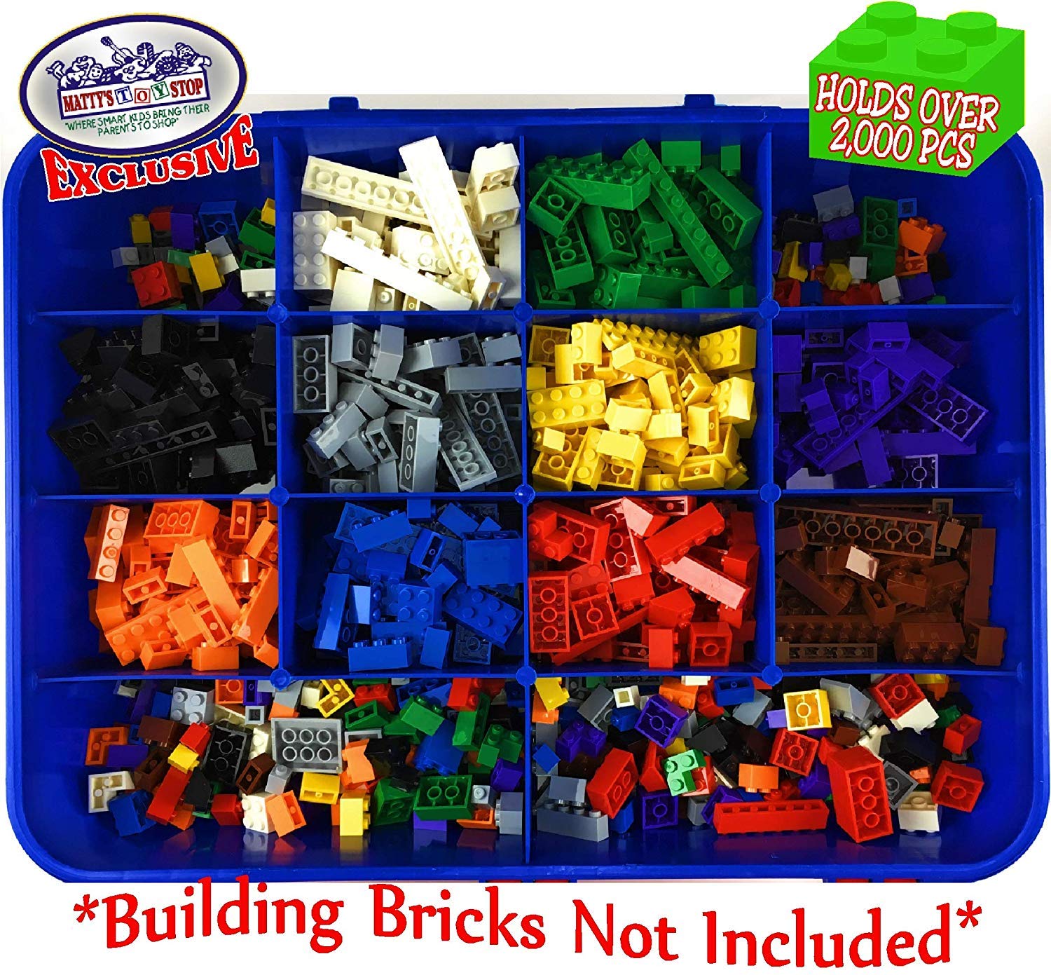 Matty's Toy Stop Brik-Kase 2.0 Travel, Building, Storage & Organizer Container Case with Building Plate Lid (Holds Approx 2000pcs) - Compatible With All Major Brands (Blue, Red & Gray)