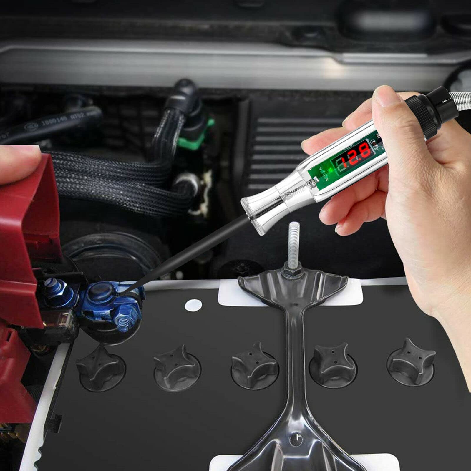 Car Truck Circuit Test Pen, 3-70V Digital Electric Circuit LCD Tester Test Light Car Truck Voltage Probe Pen, DC Voltage Test Light with Voltmeter & Portable Spring Wire (Black - (3-24V))