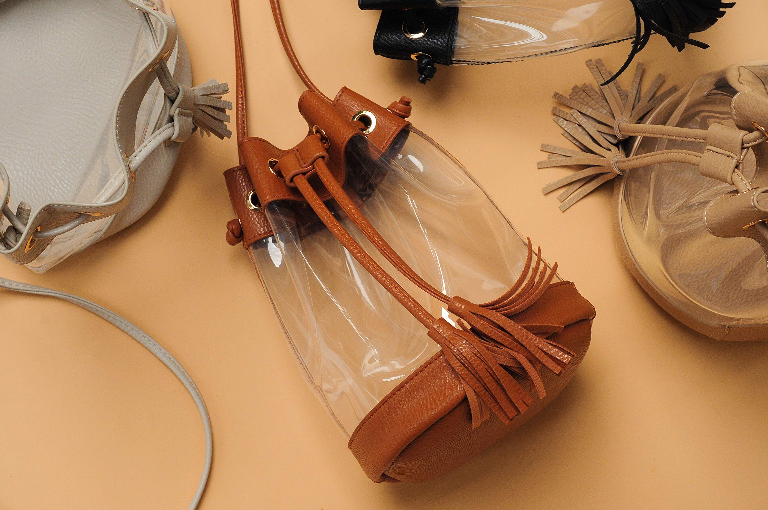 HOXIS Clear Purse Drawstring Bucket Crossbody Bag with Tassel Women PVC shoulder handbag for stadium approved (Brown)