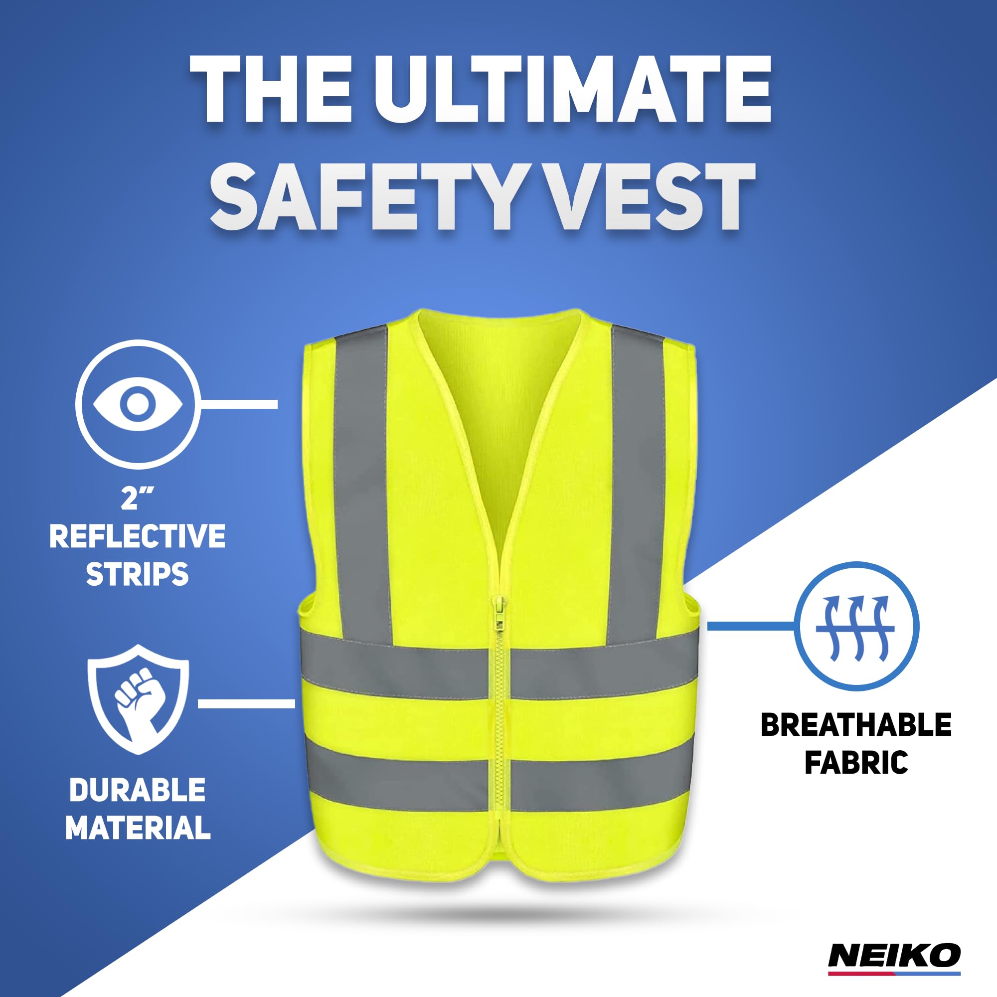 Neiko 53941A High Visibility Safety Vest with Reflective Strips | Size Large | Neon Yellow Color | Zipper Front | For Emergency, Construction and Safety Use