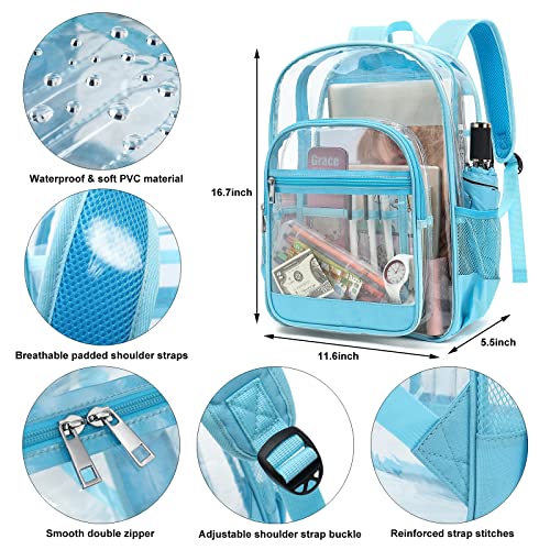 Esfoxes Heavy Duty Clear Backpack, School Backpack College Bookbag PVC See Through Transparent Backpacks (Sky Blue)