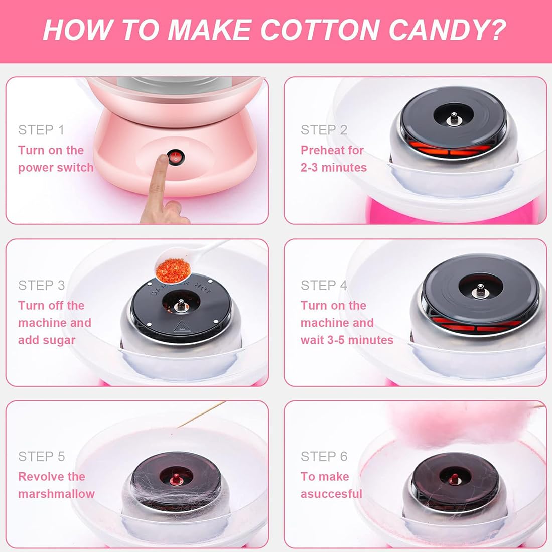 Cotton Candy Machine for Kids, Portable Mini Electric Cotton Candy Makers with 450W Efficient Electric Heating, DIY Sweet Cotton Candy Maker Includes Sugar Spoon and Bamboo Sticks (Pink)