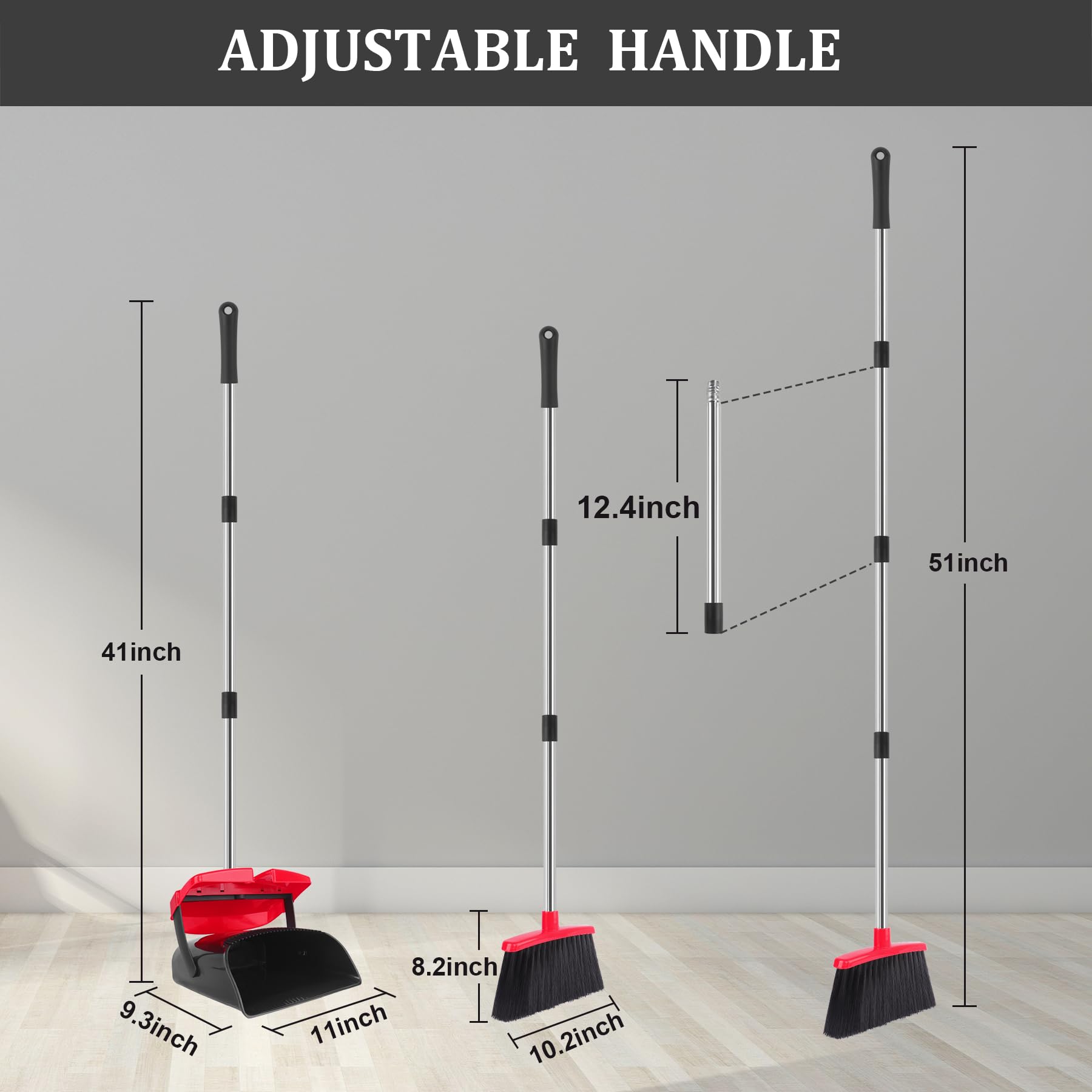 Broom with Dustpan Combo Set,UDUK 51'' Long Handle Broom with Standing Dustpan for Home, Heavy Duty Broom and Dustpan Set with Lid and Cleaning Teeth, Ideal for Pet Store Kitchen Indoor Outdoor (Red)