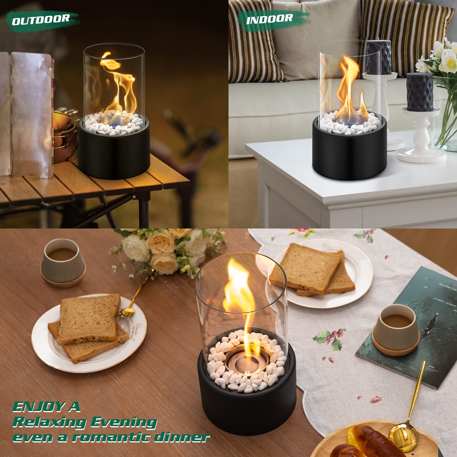 BRIAN & DANY Tabletop Fire Pit, Table Top Firepit Indoor & Outdoor, Tabletop Fireplace with 2 Combustion Chambers, Ethanol Fire Pit Bowl with Fire Killer and Pebbles