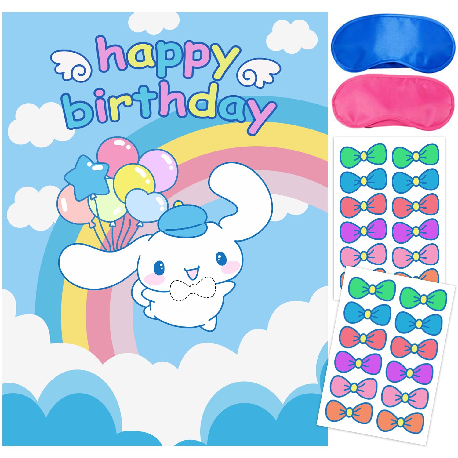 Cinnamoroll Birthday Decorations, Pin The Bow on Cinnamoroll, Party Games for Girls Boys, Large Poster 24PCS Stickers for Cinnamoroll Birthday Party Favors Decorations