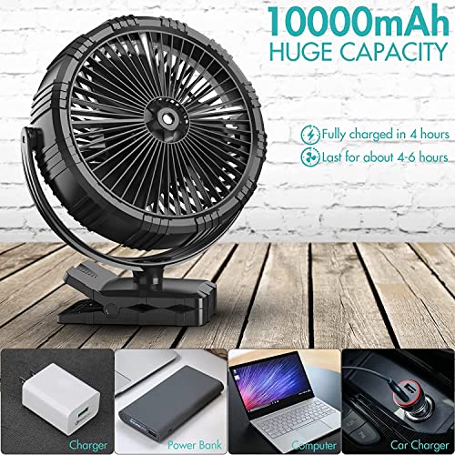 KITWLEMEN 8 Inch Misting Fan with Clip, 10000mAh Rechargeable Battery Powered, Personal Air Cooling Fan, 3 Speeds & 360° Rotatable Spray Fan with Foldable Hook for Home Office Camping Travel Jobsite