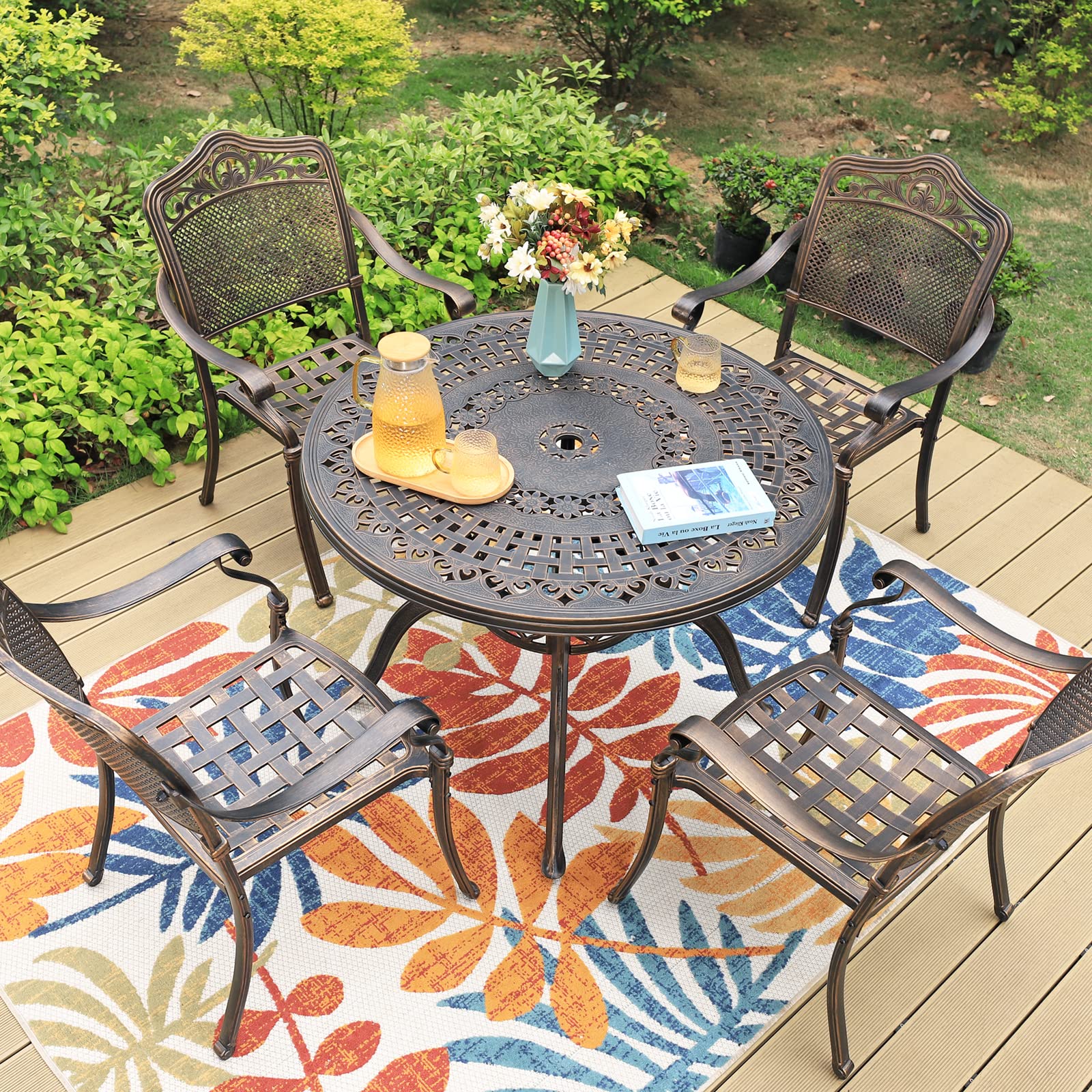Sophia & William Cast Aluminium Patio Dining Table Round with 1.97" Umbrella Hole, Premium Bronze Outdoor Bar Bistro Table for Porch Balcony Backyard, 39" Dia x 28.3" H