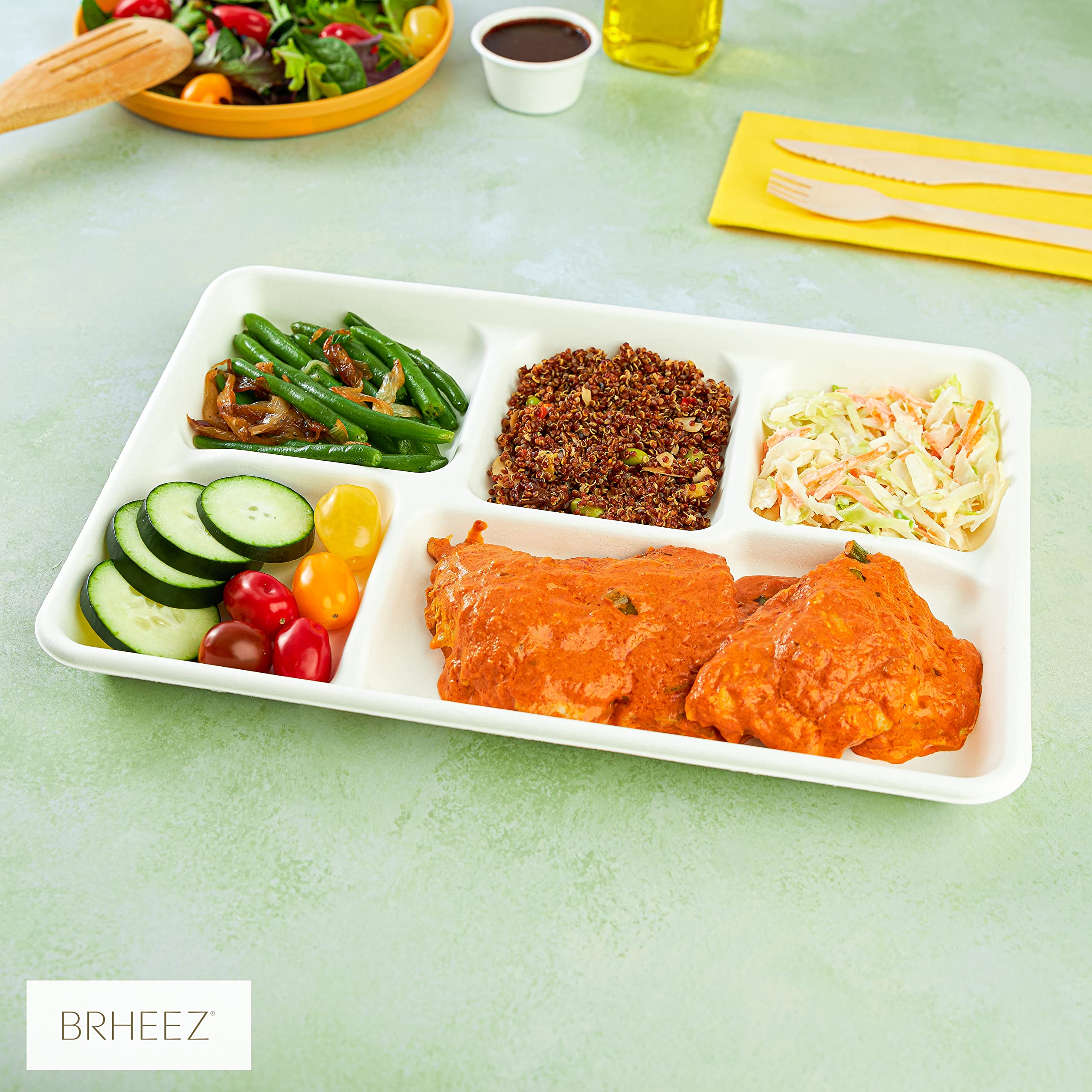 brheez Eco-Friendly 6 Compartment 8.5βx12.5β Disposable School Tray - Made from Bagasse Sugar Cane Fiber - Biodegradable, Compostable & Chemical Free - Pack of 50