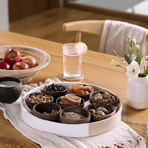 Kiwi Homie 13.78" Dia Spun Bamboo Serving Tray, Round Tray with Handles, Round Ottoman Tray, Semi White for Coffee Table, Serving Food on Home Dining Table, Restaurant (White)