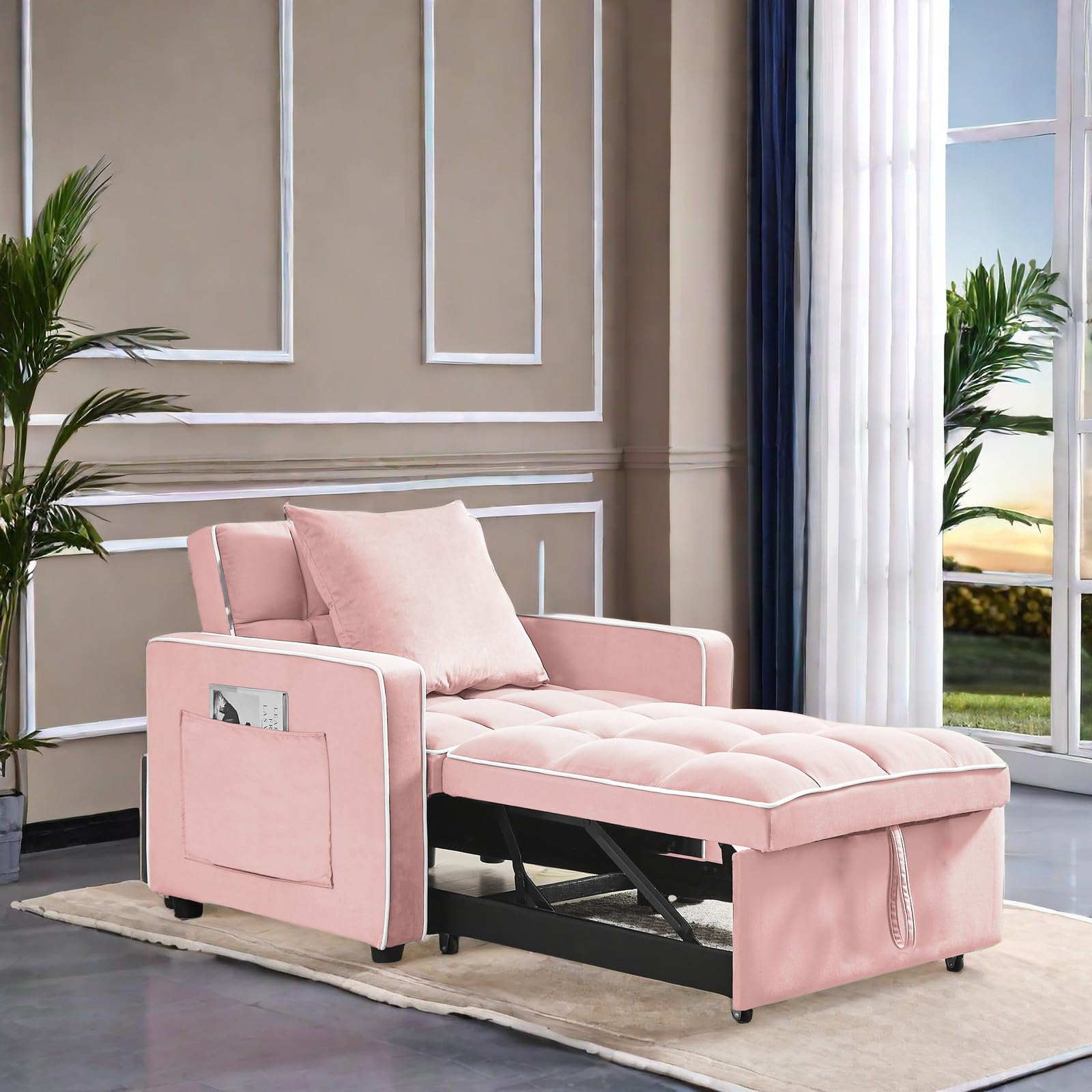 ChicFurnit Sofa Bed, Three-in-One Couch Chair with Upholstered Adjustable Curved Backrest & Pillow Top Arms, Velvet Folding Sleeper Sofa Bed with Side Pockets & Throw Pillow for Living Room, Pink