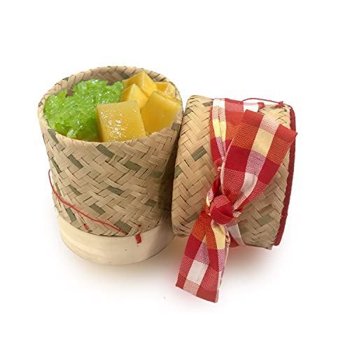 GoldleafKing Pack of 2 Small Sticky Rice Basket Size 3.5 Inches Thailand Laos Handmade Bamboo Serving Baskets Rice Container Set with Pa Kao Ma Traditional Loincloth