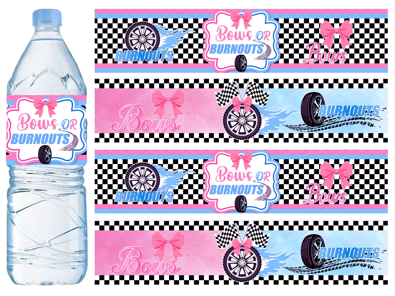 Cheereveal 28PCS Burnouts or Bows Gender Reveal Water Bottle Labels, Beverage Juice Drink Bottle Stickers Birthday Baby Shower Party Decoration