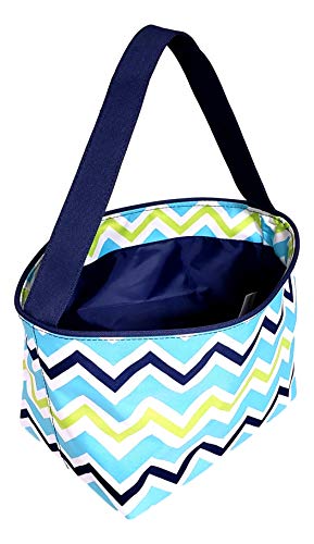 Zig Zag Chevron Material Easter Basket Bucket for Toys Egg Hunting Party (Blue Chevron with Embroidered Name)