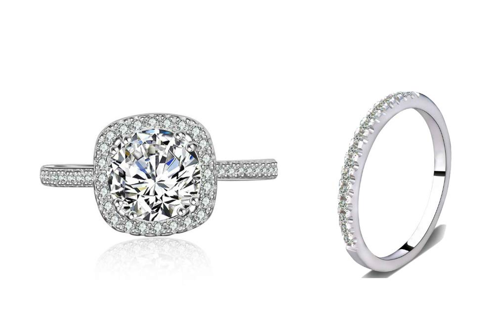BeFab Cz Bridal Ring Set Accented Round Halo Engagement Ring Matching Half Eternity Wedding Band Size 4-10 (Silver, 7)