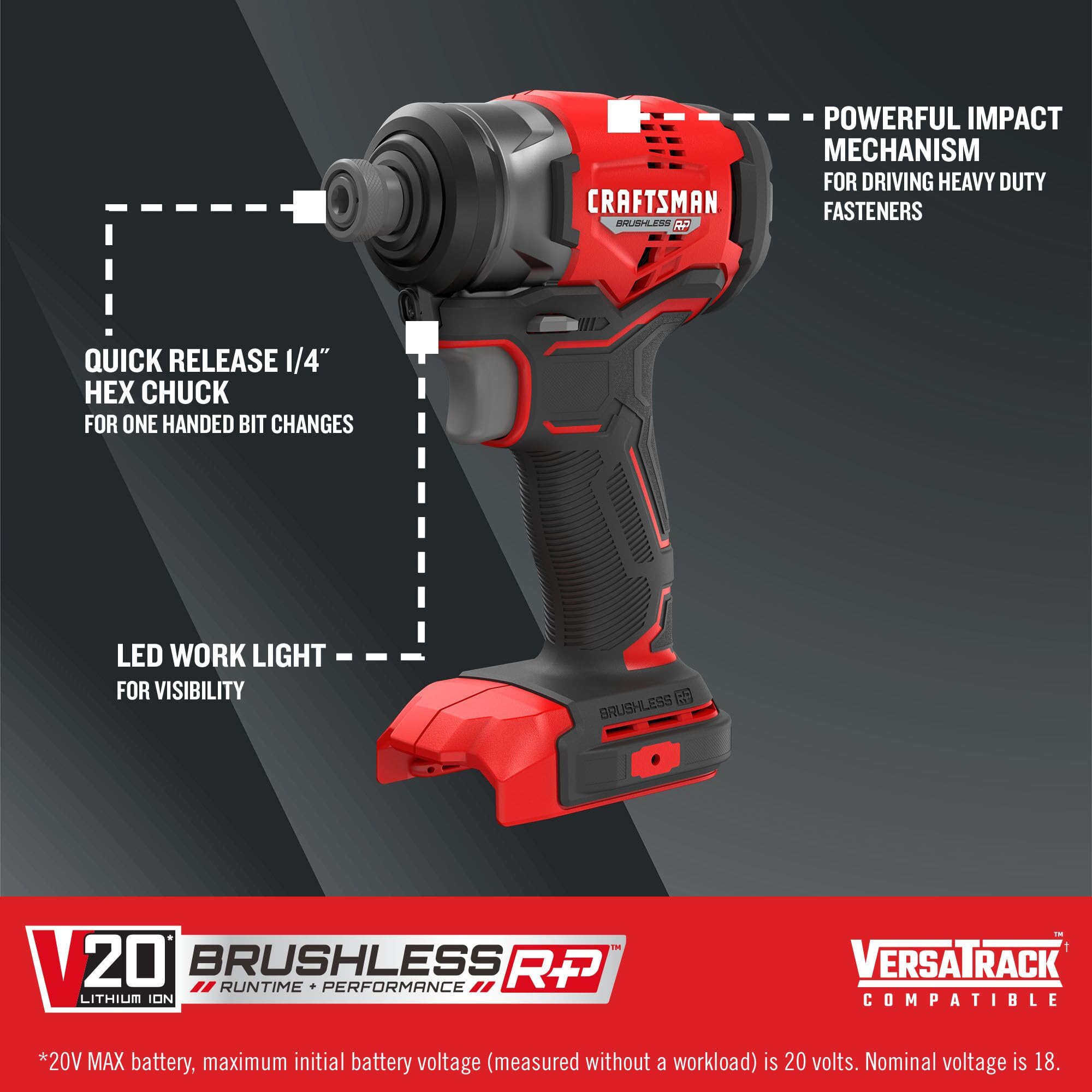 CRAFTSMAN V20 Cordless Impact Driver, 1/4 inch, Bare Tool Only (CMCF813B)