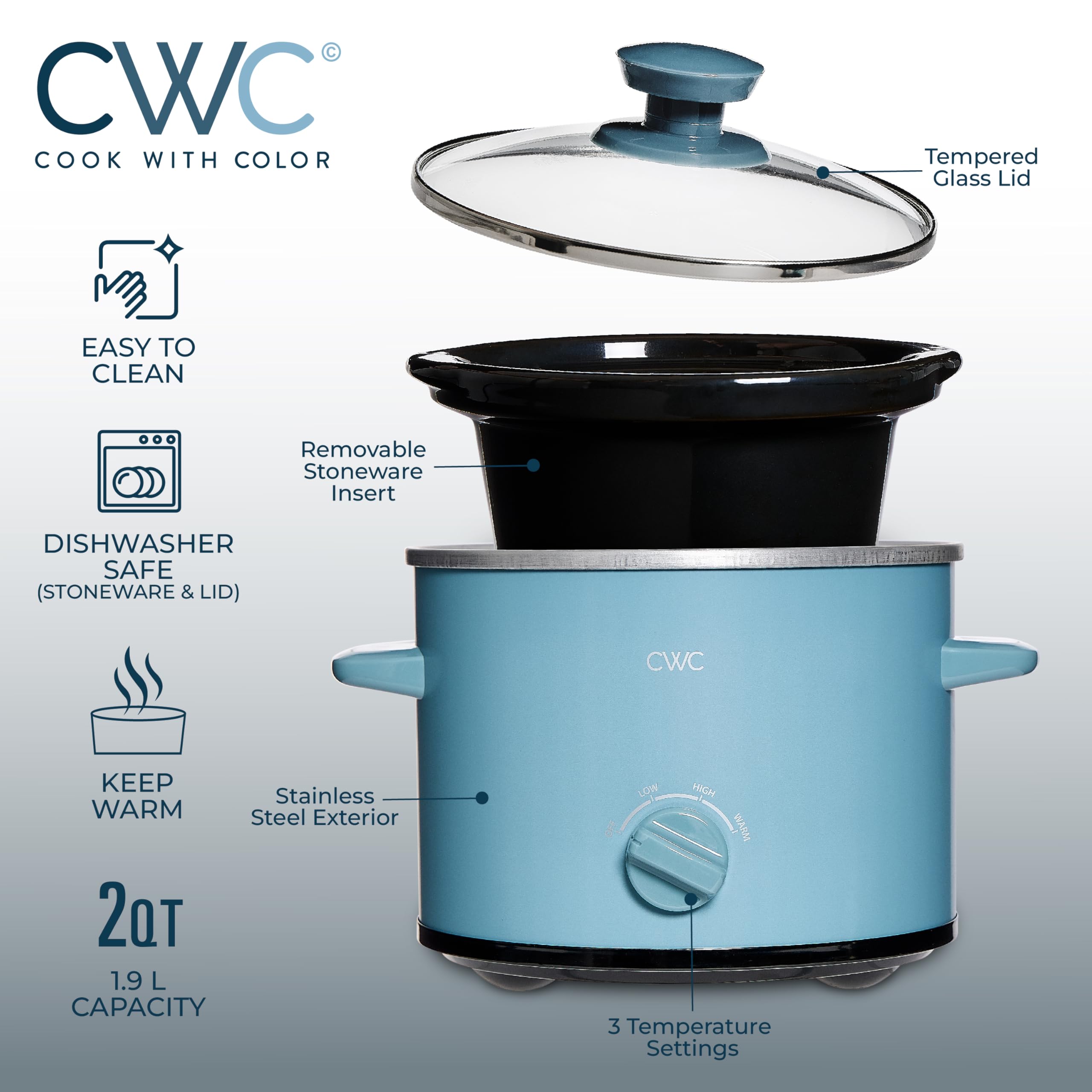 COOK WITH COLOR 2QT Mini Electric Round Slow Cooker - Adjustable Settings, Removable Stoneware Pot, Tempered Glass Lid, Dishwasher Safe, Cool-Touch Side Handles, Dusty Rose