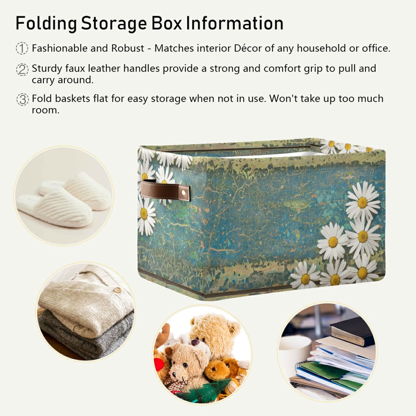 Flower Floral Daisy Wood Storage Bin Canvas Toys Storage Basket Bin Large Storage Cube Box Collapsible with Handles for Home Office Bedroom Closet Shelves,1 pc