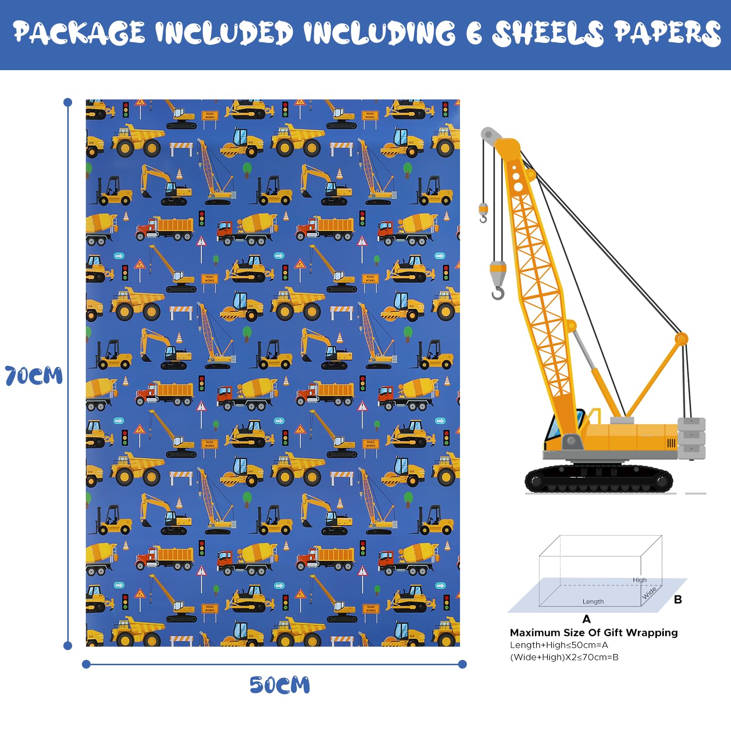 Birthday Wrapping Paper Construction Design 6 Sheets,Road Under Construction Excavator Tractor Dump Truck Wrapping Paper for Kids Boys,Folded Flat 20x28 inches per Sheet for Birthday Baby Showers