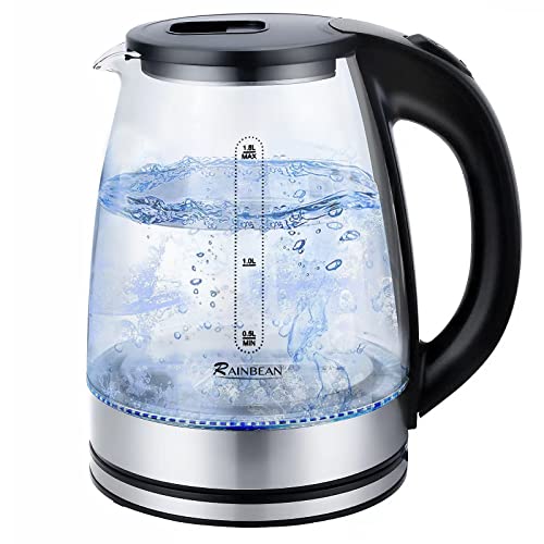 RAINBEAN Electric Kettle Water Boiler, 1.8L Electric Tea Kettle, Wide Opening Hot Water Boiler with LED Light, Auto Shut-Off & Boil Dry Protection, Glass Black