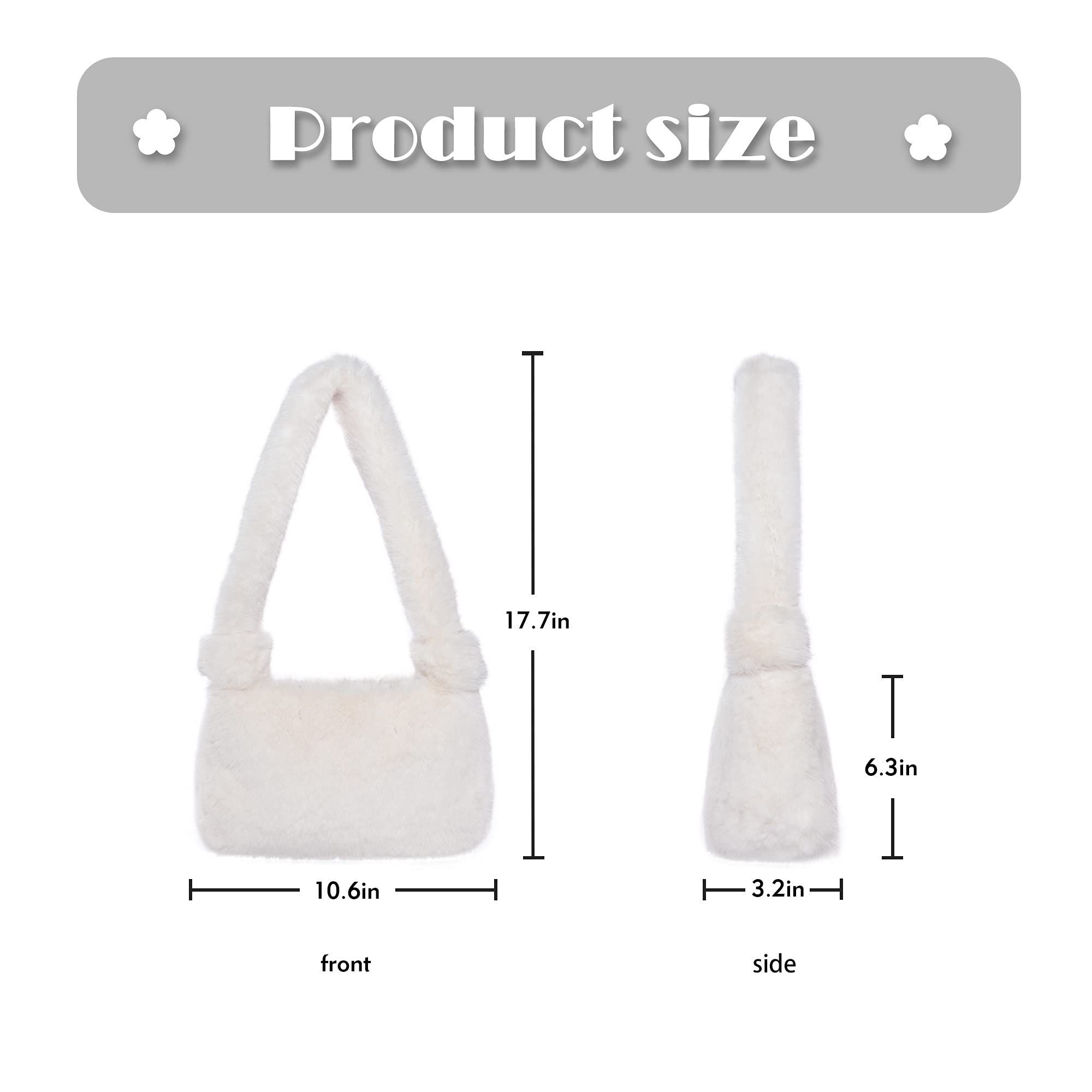TANOSII Fuzzy Underarm Bag Faux Fur Shoulder Bag Furry Top-handle Bag Fluffy Handbag for Women White
