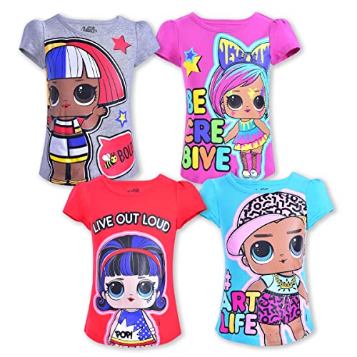 L.O.L. Surprise! Dolls Girls’ Short Sleeve Shirt 4 Pack for Little and Big Kids – Grey/Pink/Red/Blue