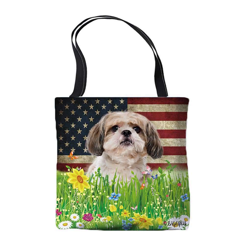 BAGEYOU Spring Flowers Lawn Tote Bag Shih Tzu USA Flag Background Patriotic