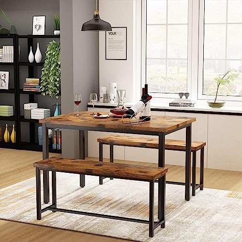 Hooseng Kitchen Table Set with Two Benches, Dining Table Set for 4-6 Persons, Space-Saving 47 Inch Small Kitchen Table Set for Breakfast Nook, Living Room, Apartment, Restaurant, Rustic Brown
