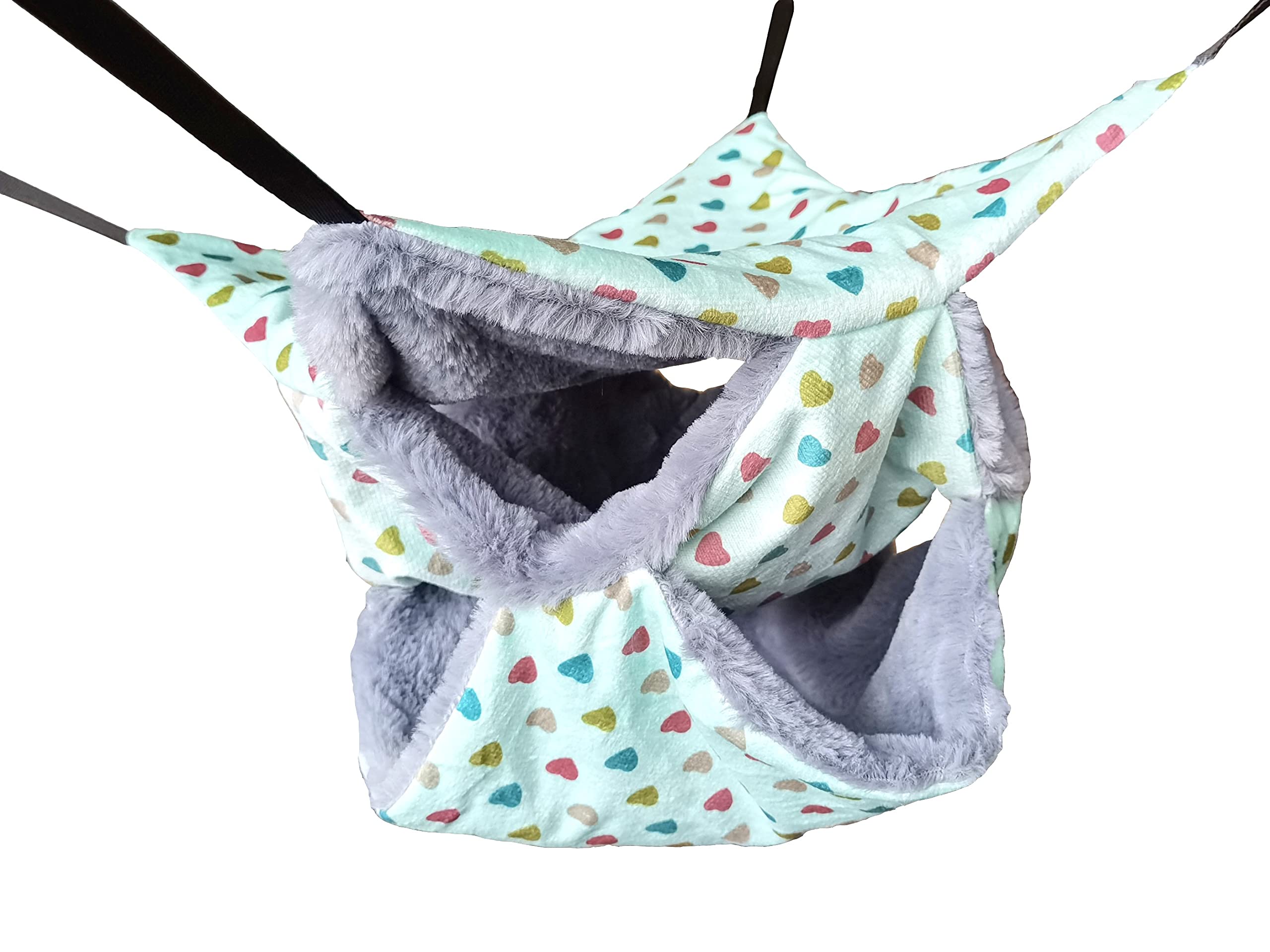 WOWOWMEOW Small Animals Plush Hammock Rat Ferret Triple Bunkbed Hammocks Cage Hanging Warm Hideout for Sugar Glider Squirrel (Medium, Hearts-Mint)