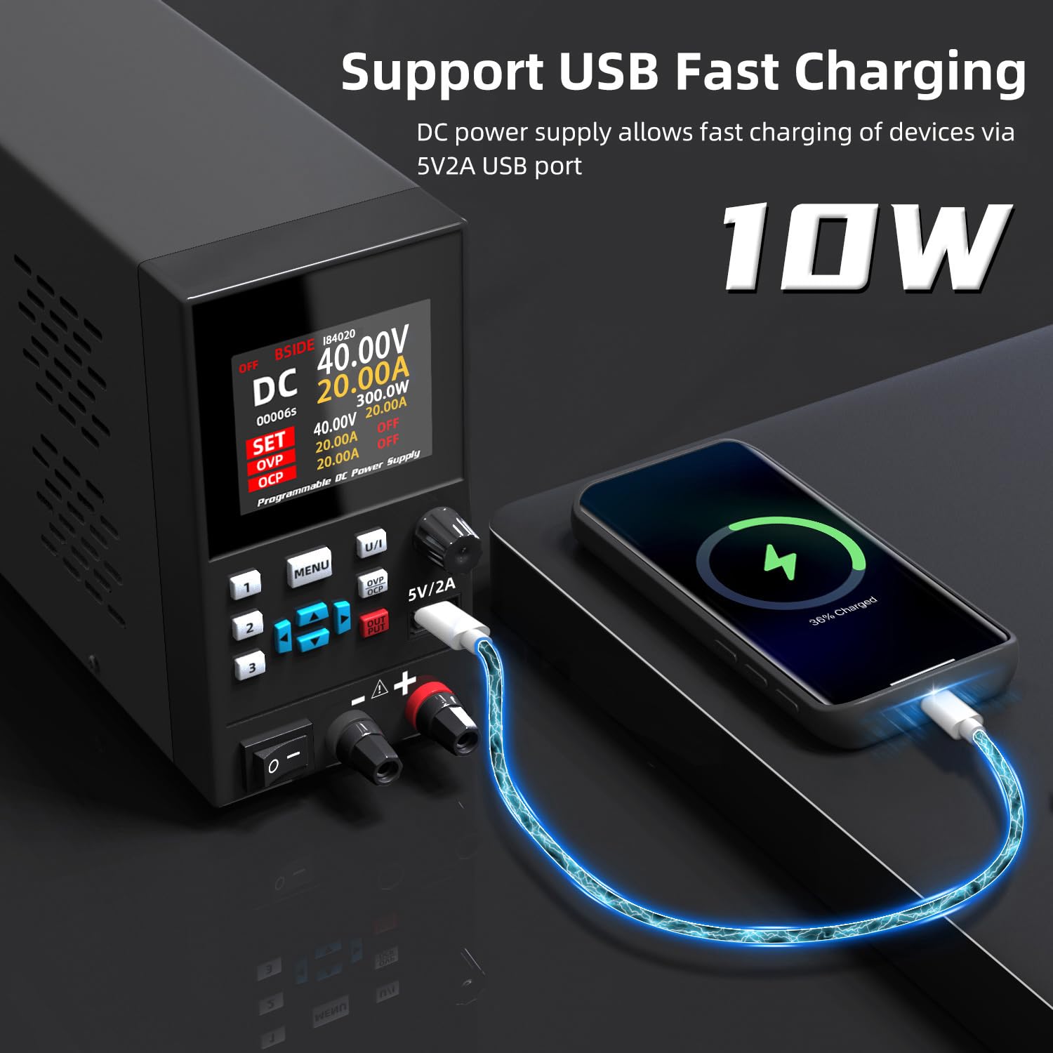 BSIDE Programmable DC Power Supply 40V 20A Lab Power Supply Small Variable Bench Power Supply Adjustable Switching Regulated DC Output Power Supply with Encoder Arrow Key Adjustment and USB
