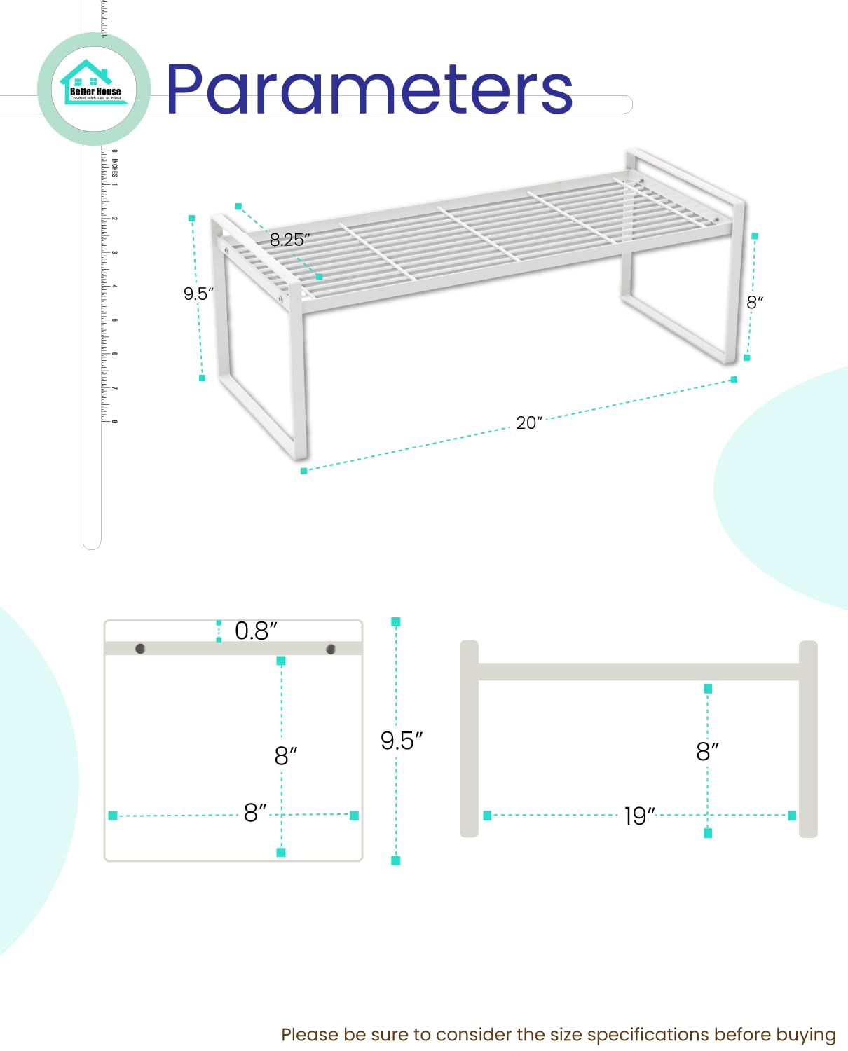 Countertop Organizer and Storage Shelf Rack for Kitchen, Cabinet, Pantry, Office and Bathroom. Rust Resistant and Non Slip (White, L20 W8.25 H9.5)