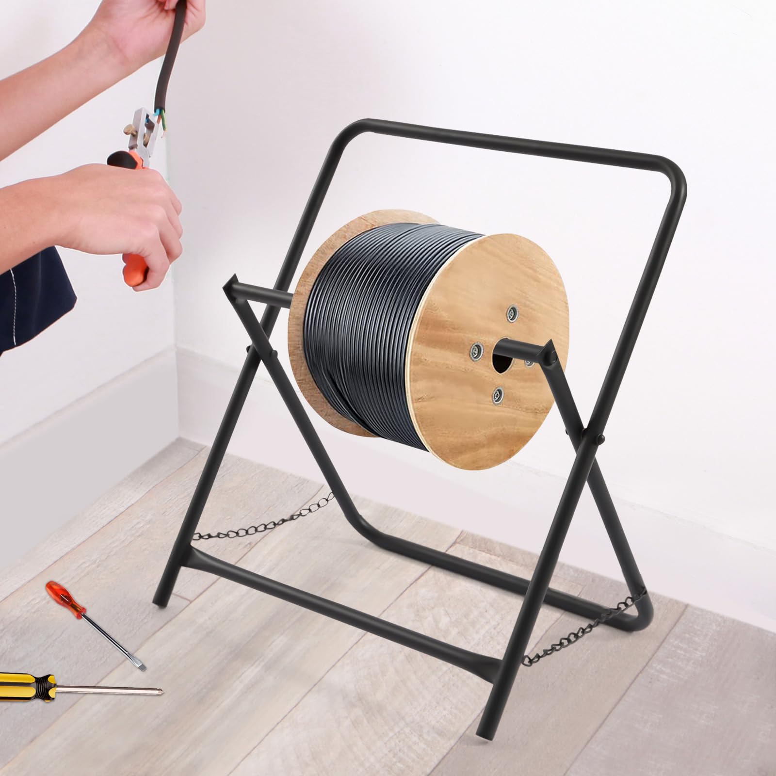 BeiseYu Single Axle Cable Caddy, Commercial Industrial Grade Steel Wire Rack Dispenser, Foldable Electrical Wires Dolly Spinner, Max Weight 66 Lbs (Black)
