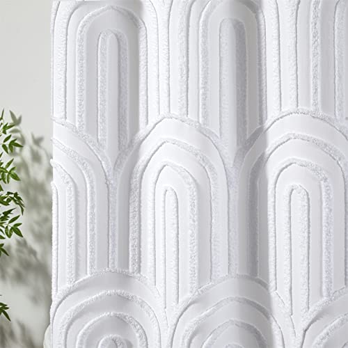 Estmy Boho White Tufted Shower Curtain Sets with Hooks, Simple Modern Chic Cute Rainbow Shape Chenille Stripe Cotton Fabric Shower Curtain Bathroom Decor, Heavy Duty/Water Repellent/Washable