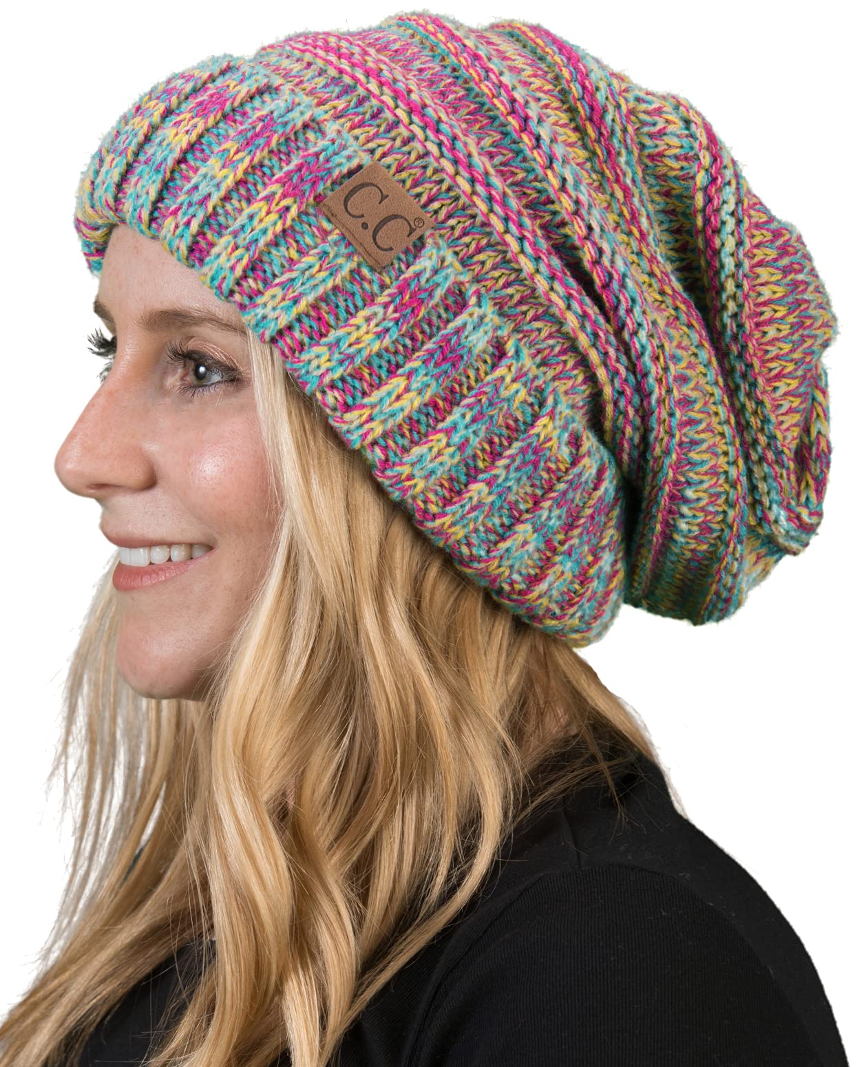 Funky Junque Oversized Slouchy Beanie for Women - Soft Warm Chunky Cable Knit Hat, One Size, Four-Tone Mix (Yellow, Hot Pink, Turquoise, Pink)