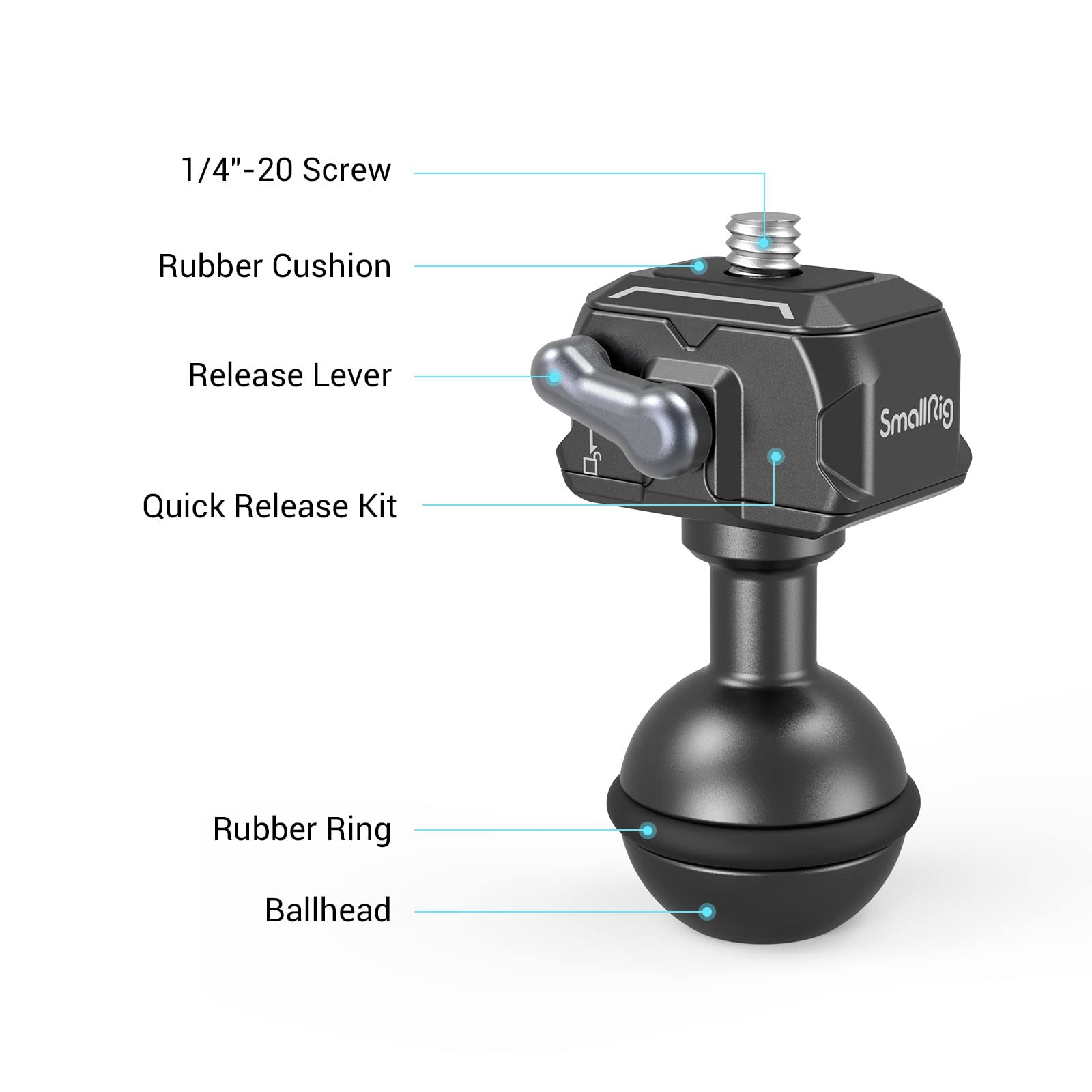 SmallRig Quick Release Ballhead with 1/4" Screw, Drop-in HawkLock Ball Head Clamp for Magic Arm Clamp, Quick Release for Field Monitor, Camera, Light, Max Load of 5kg, Aluminum Alloy - 3600