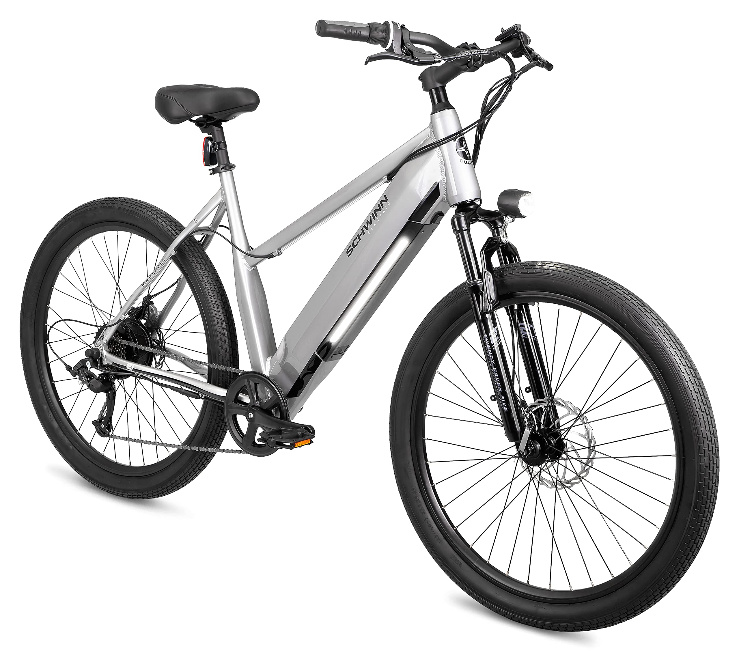 Schwinn Marshall Electric Hybrid Bike for Adults, Small/Medium Step-Thru Aluminum Frame, 250W Motor, 7 Speed, 27.5-Inch Wheels, Gloss Grey